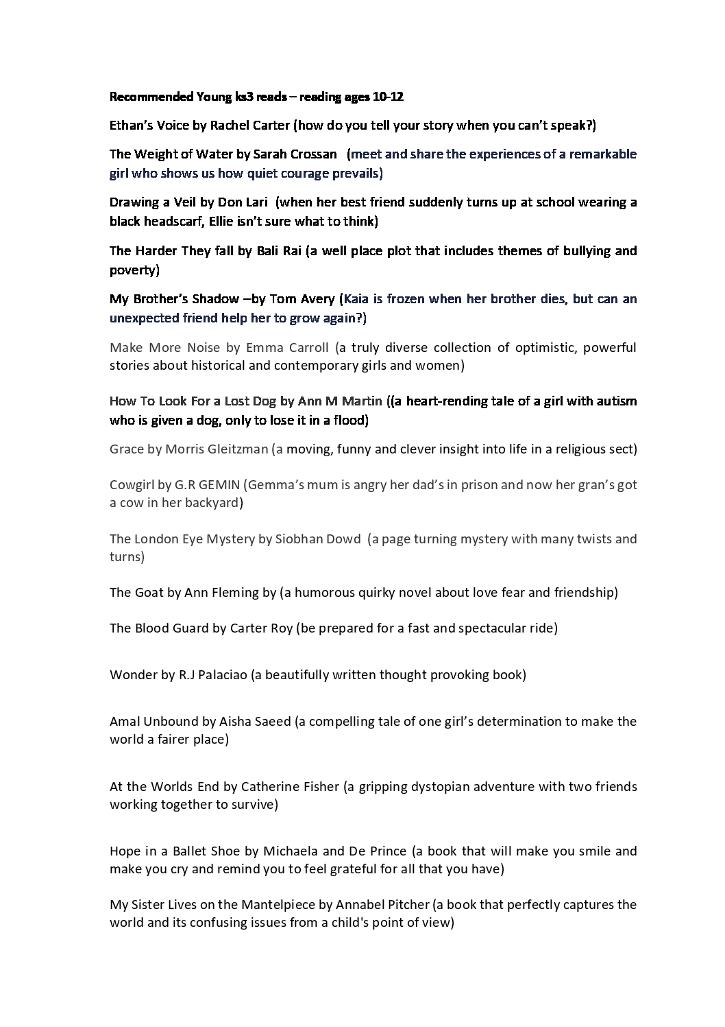 Reading List for ages 10 to 12 - LHS