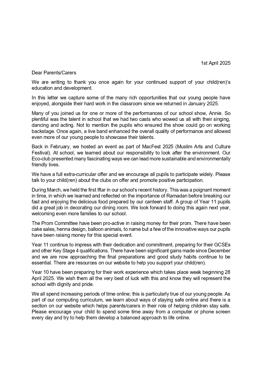 End of Term Letter (April 2025) - LHS
